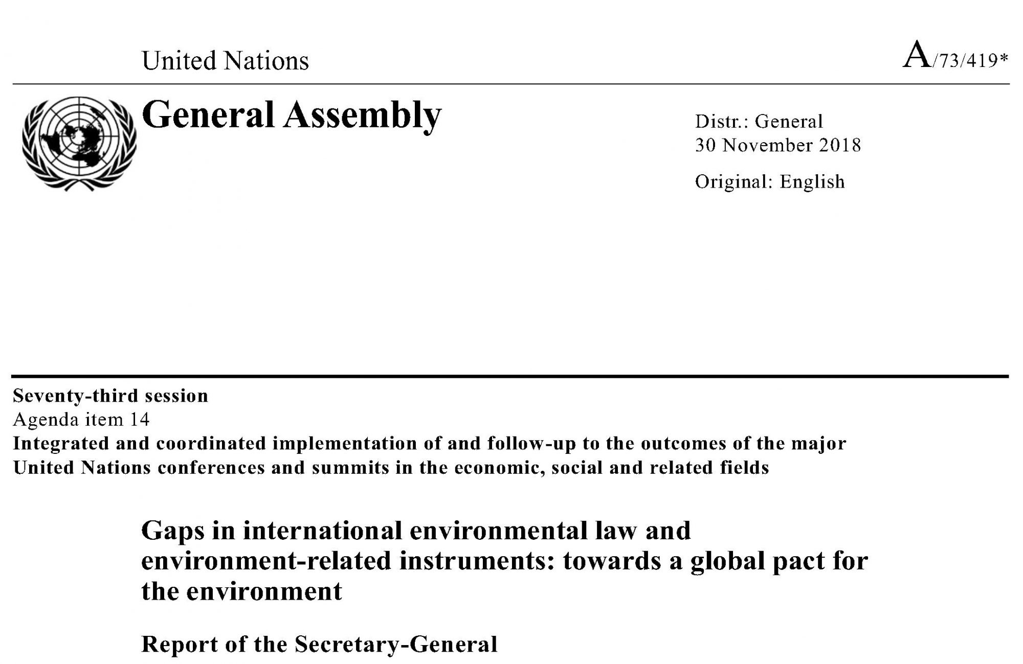 Report of the UN Secretary General - Global Pact for the Environment